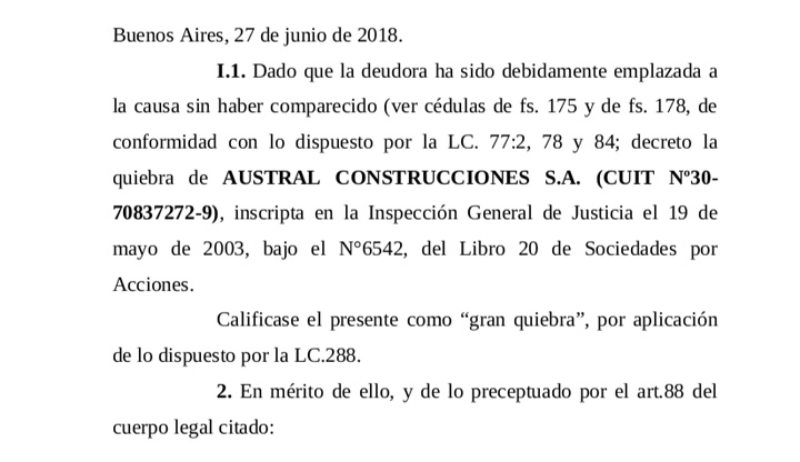 La jueza María José Gigy Traynor decretó la quiebra de Austral ...